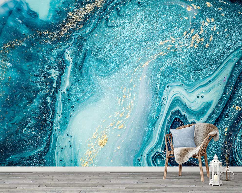 Altın Dokunuşlu Mavi Mermer Efektli Duvar Kağıdı - Poster Marketi