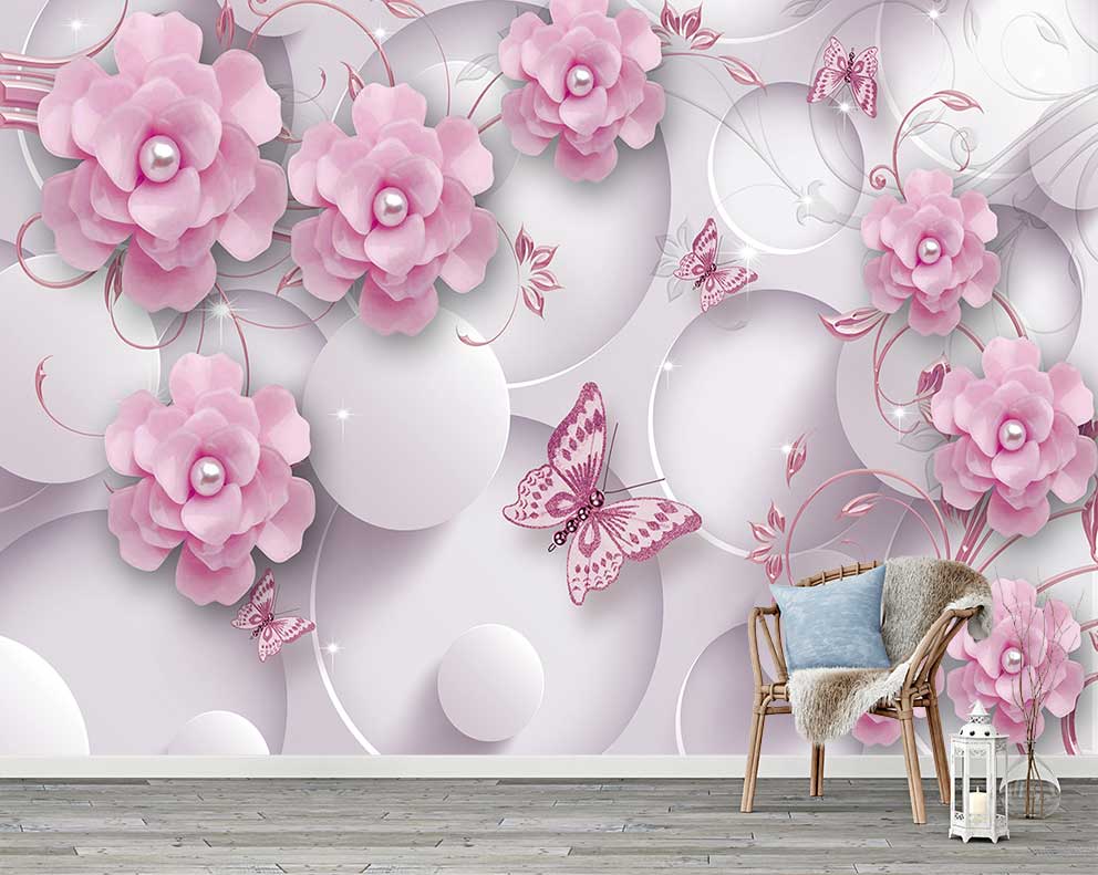 Romantik Pembe Çiçek ve Kelebek Desenli Duvar Kağıdı - Poster Marketi