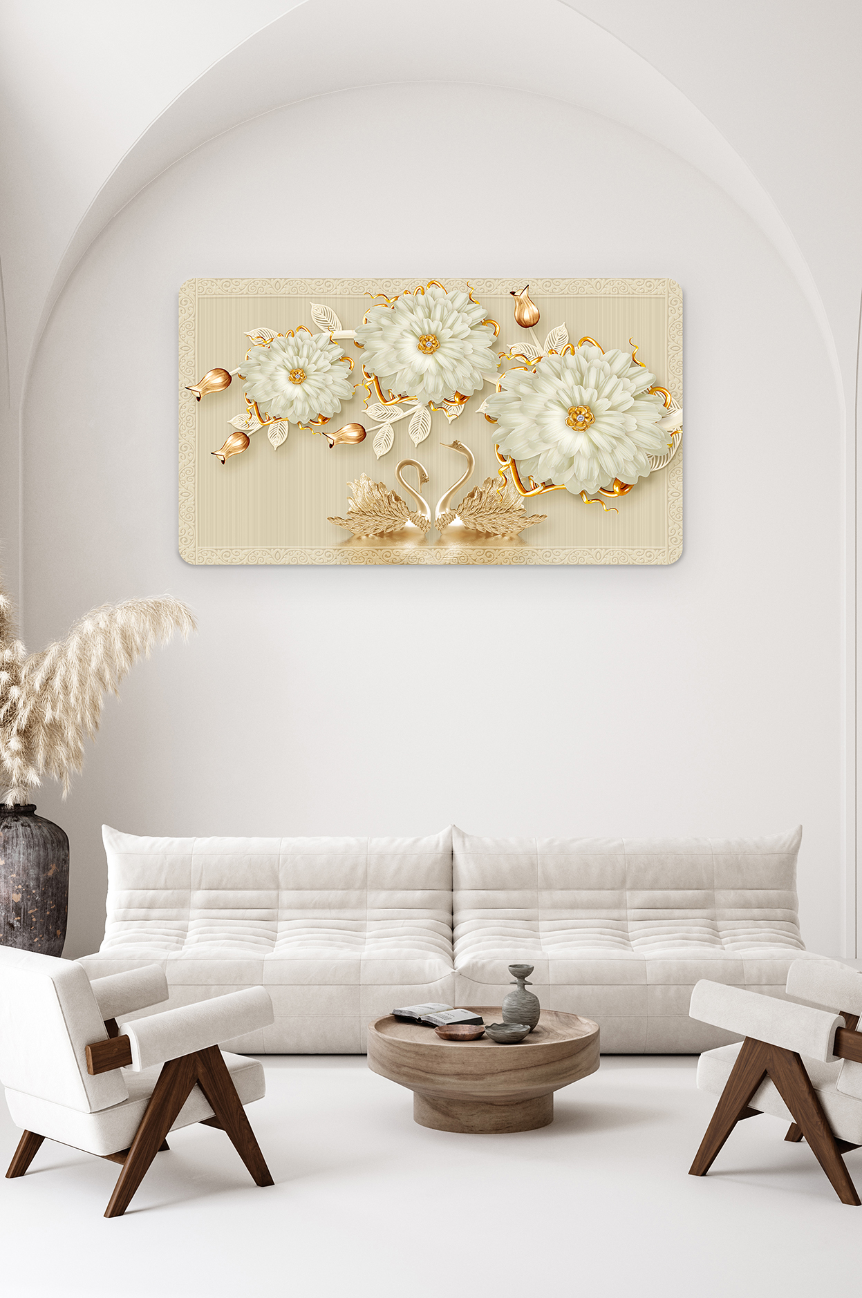 Beyaz Çiçekler ve Altın Kuğular Duvar Kağıdı - Poster Marketi