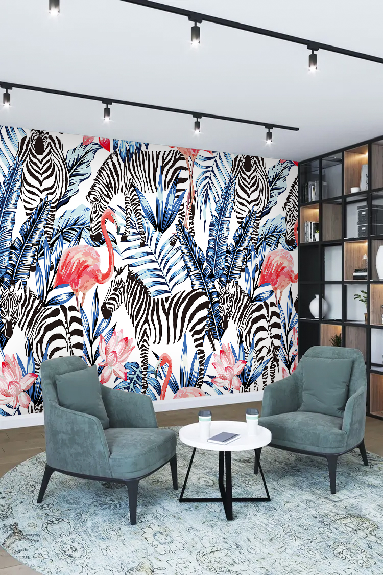 Tropikal Flamingo ve Zebra Desenli Duvar Kağıdı - Poster Marketi