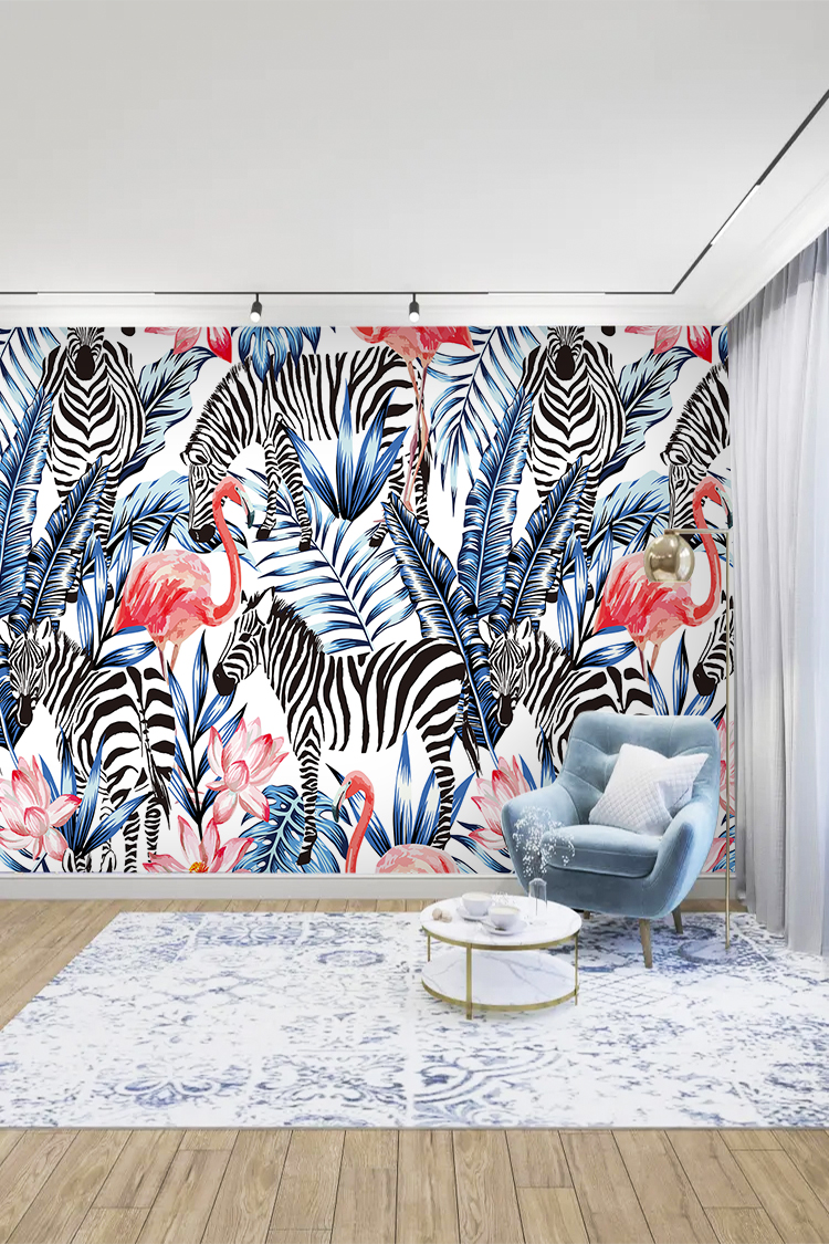Tropikal Flamingo ve Zebra Desenli Duvar Kağıdı - Poster Marketi
