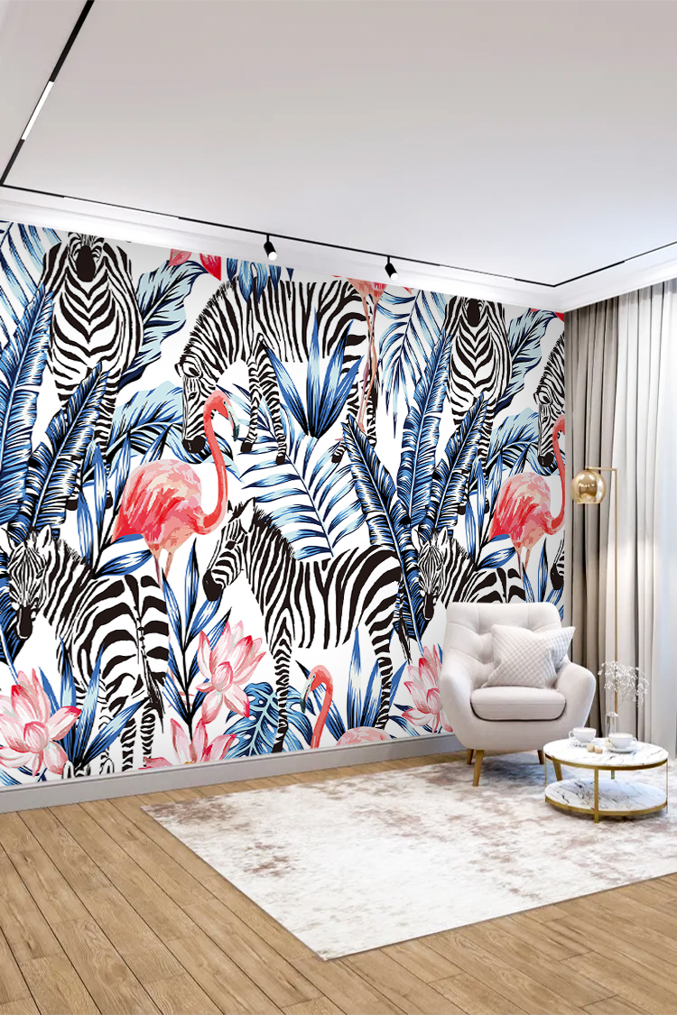 Tropikal Flamingo ve Zebra Desenli Duvar Kağıdı - Poster Marketi