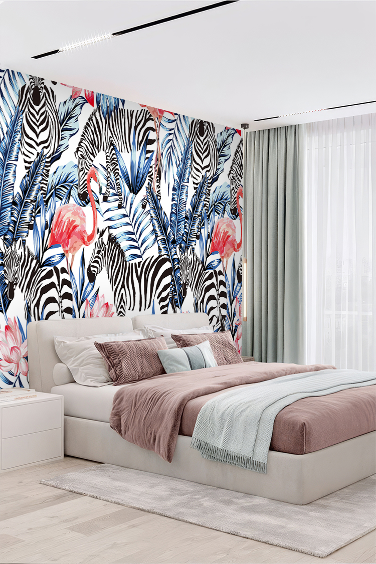 Tropikal Flamingo ve Zebra Desenli Duvar Kağıdı - Poster Marketi